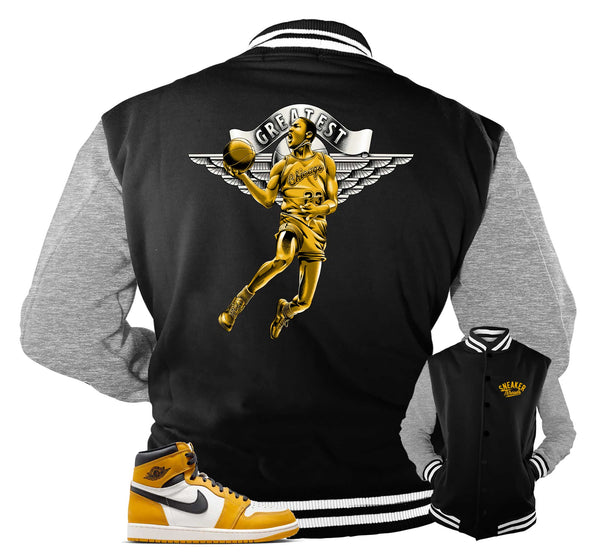 Jordan Retro 1 yellow ochre Tees & varsity jacket | greatest jacket