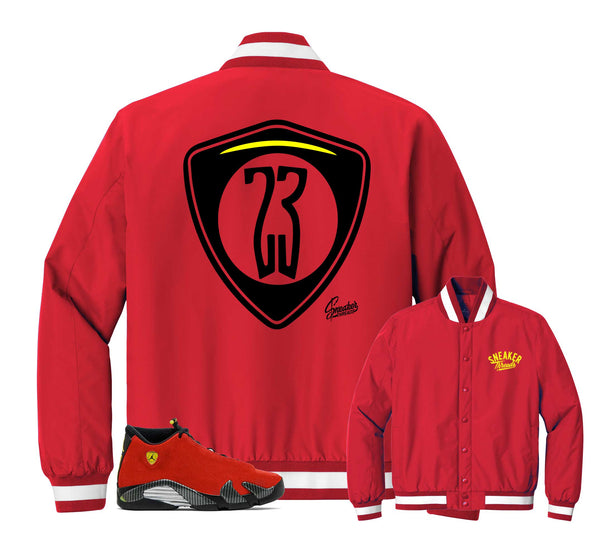 Jacket Matches Jordan Retro 14 Challenge Red | shield varsity jacket